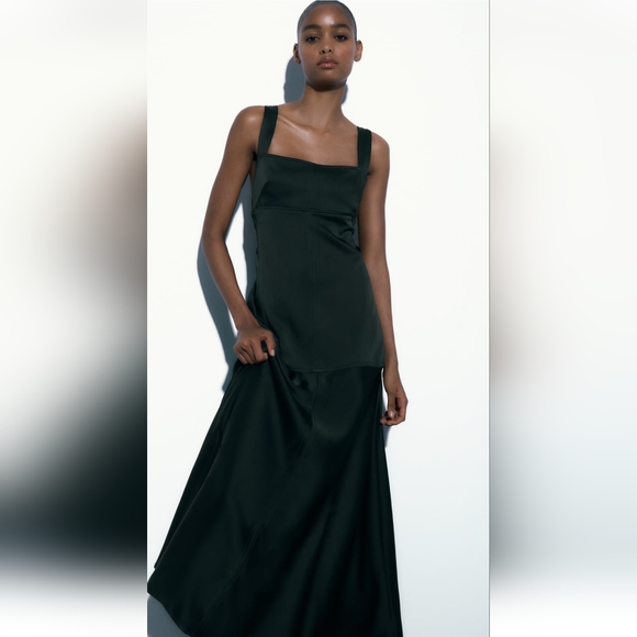 Zara | Dresses | Bnwt Zara Long Satin Effect Dress In Bottle Green Color | Poshmark